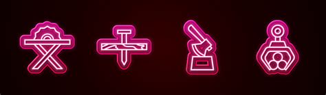 세트 라인 전기 원형 톱 금속 손톱 그루터기와 그애플 크레인에 나무 도끼는 로그를 잡았다 빛나는 네온 아이콘 벡터 강철에 대한 스톡 벡터 아트 및 기타 이미지 Istock