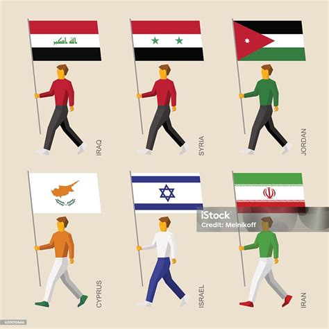 깃발을 든 사람들 이라크 이란 요르단 시리아 키프로스 이스라엘 3차원 형태에 대한 스톡 벡터 아트 및 기타 이미지 3차원 형태 깃발 기수 나름 Istock
