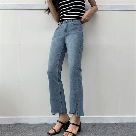 슬림핏pt 스판 쫀쫀 속밴딩 하이웨스트 일자핏 부츠컷 봄 여름 가을 9부 사선 컷팅 데님팬츠 연청 중청 청바지