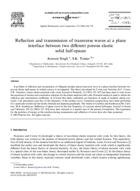 Pdf Reflection And Transmission Of Transverse Waves At A Plane Interface Between Two Different