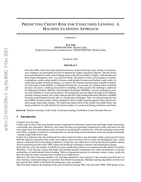 Pdf Predicting Credit Risk For Unsecured Lending A Machine Learning Approach