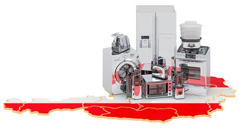 오스트리아지도에 부엌과 가전 제품 생산 쇼핑 및 배달 개념 흰색 배경에서 격리된 3d 렌더링 오스트리아에 대한 스톡 사진 및 기타 이미지 Istock