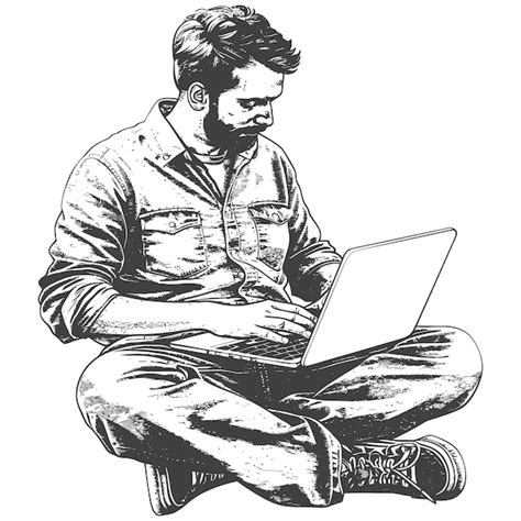 Premium Vector Man Playing On Laptop While Sitting Cross Legged With Engraving Style