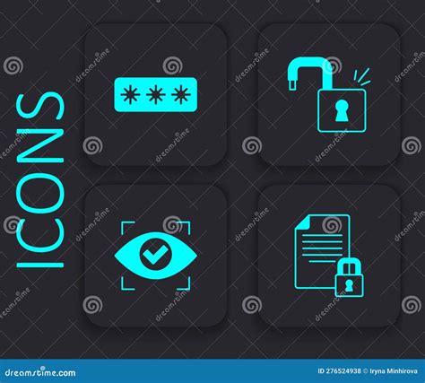 Set Document And Lock Password Protection Open Padlock And Eye Scan Icon Black Square Button