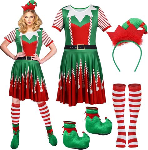 Jinei 4 Pcs Christmas Elf Costume For Women Red Green Elf