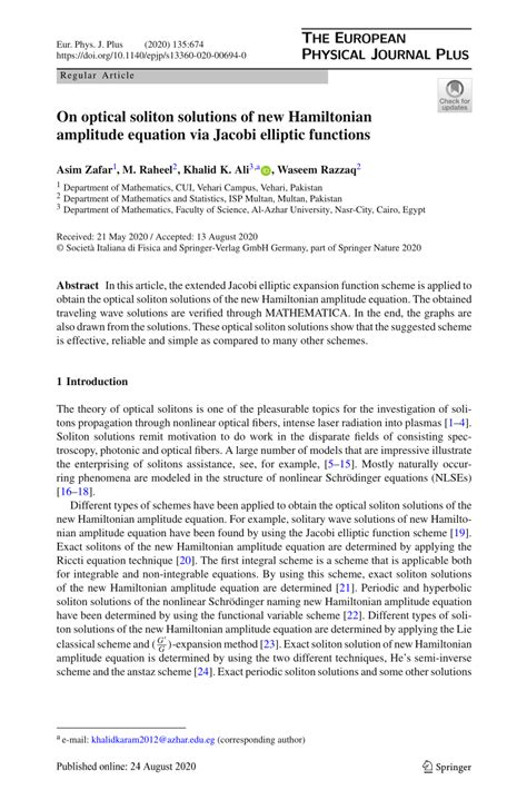 Pdf On Optical Soliton Solutions Of New Hamiltonian Amplitude