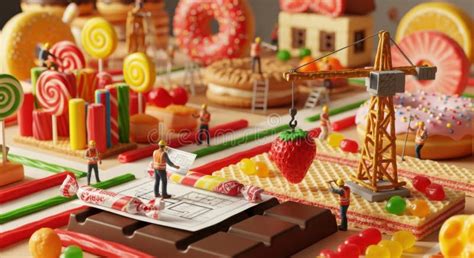 Sweet Construction A Whimsical Dessert Scene Stock Illustration