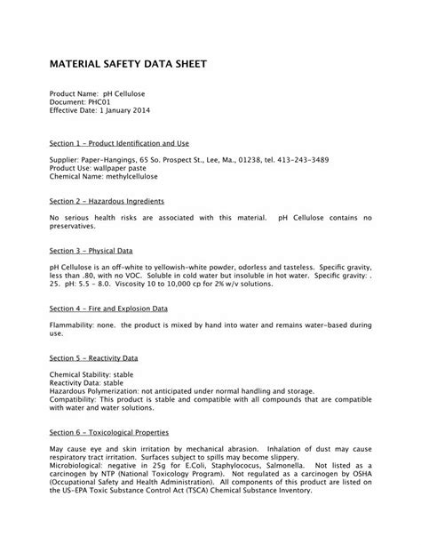 Pdf Material Safety Data Sheet Paper Hangings Cellulose Pdf Material Safety Data