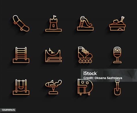 세트 라인 스윙 평면 스케이트 보드 트릭 아이 놀이터 슬라이드 파이프 삽 장난감 공원 휴지통 및 롤러 스케이트 아이콘 벡터 거리에 대한 스톡 벡터 아트 및 기타 이미지