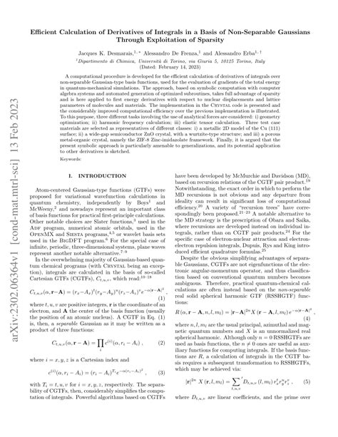 Pdf Efficient Calculation Of Derivatives Of Integrals In A Basis Of Non Separable Gaussians