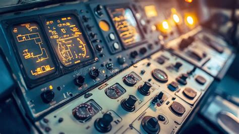 A Vintage Spaceship Cockpit With Glowing Control Panels And Analog Switches Stock Illustration