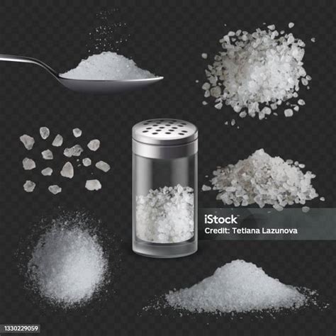 현실적인 소금 숟가락에 흰 짠 분말 향신료 3d 유리 셰이커 병 곡물 및 더미에 바다 식용 암염 조정 벡터 세트 소금에 대한 스톡 벡터 아트 및 기타 이미지 Istock