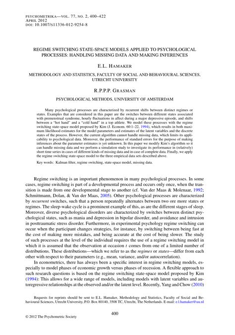 Pdf Regime Switching State Space Models Applied To Psychological Processes Handling Missing