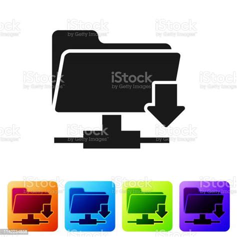 흰색 바탕에 검은 Ftp 폴더 다운로드 아이콘입니다 소프트웨어 업데이트 전송 프로토콜 라우터 팀워크 도구 관리 복사 프로세스의 개념 색상 사각형 버튼에 아이콘을 설정 합니다