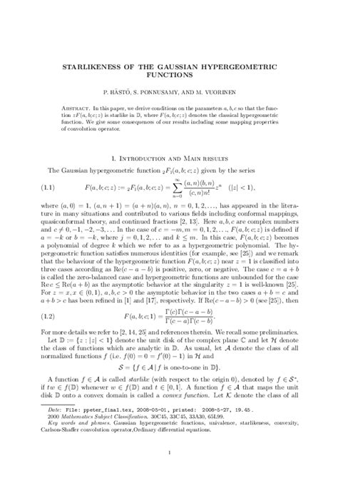 Pdf Starlikeness Of The Gaussian Hypergeometric Functions