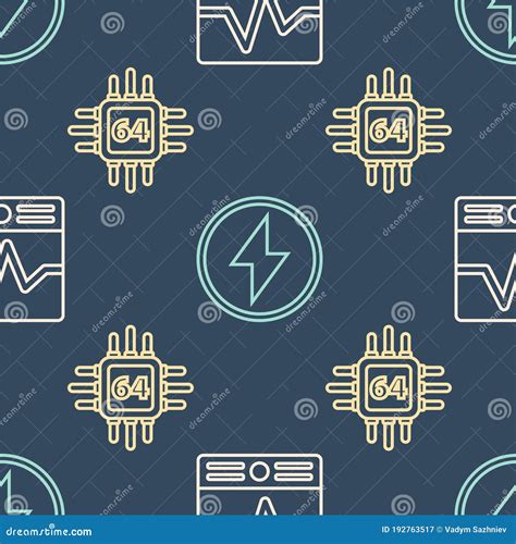 Set Line Electrical Measuring Instruments Processor With Microcircuits Cpu And Lightning Bolt