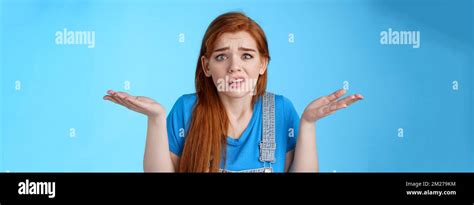 Perplexed Uneasy Stupified Worried Redhead Woman Shrugging Have No Idea Frowning Nervously