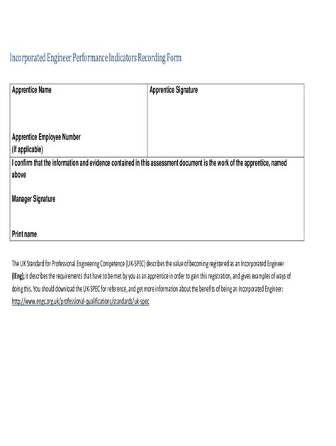 Fillable Online Incorporated Engineer Performance Indicators Recording