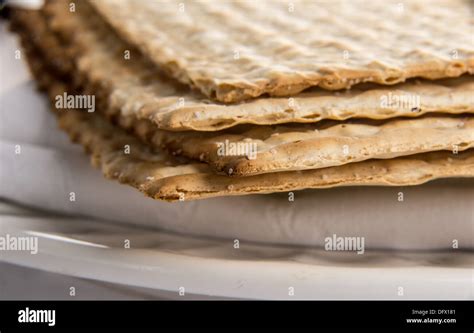 Closeup Of Matzah On Plate Which Is The Unleaven Bread Served At Jewish