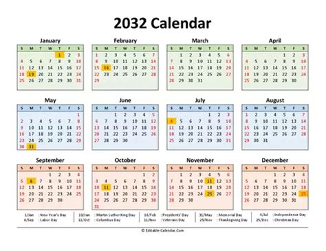 2032 Calendar With Us Holidays Editable In Excel Word Pdf