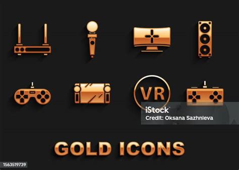 휴대용 비디오 게임 콘솔 스테레오 스피커 게임 패드 가상 현실 안경 컴퓨터 모니터 라우터 및 Wifi 신호 및 아케이드 기계 아이콘용 조이스틱을 설정합니다 벡터 3차원