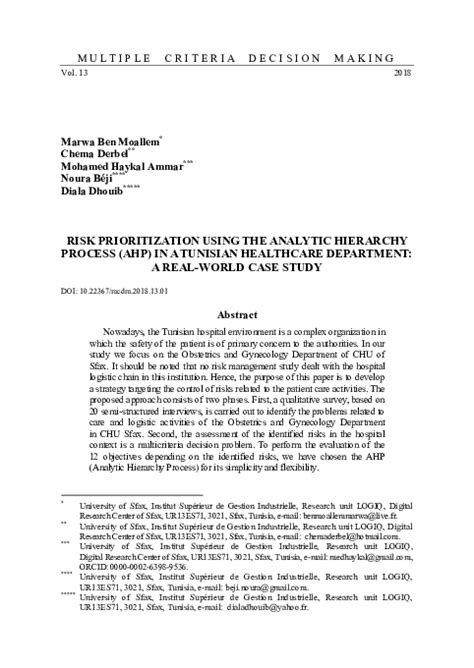 Pdf Risk Management In Tunisian Healthcare Via Ahp