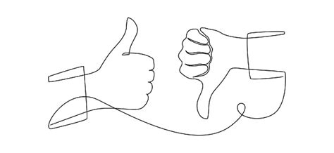하나의 연속적인 선화에서 엄지 손가락을 위아래로 움직입니다 간단한 선형 스타일로 좋아하는 것과 싫어하는 것을 보여주는 손 편집 가능한 스트로크의 양수 및 음수 손가락 낙서