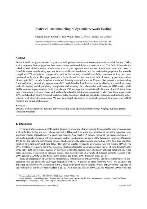 Pdf Statistical Metamodeling Of Dynamic Network Loading