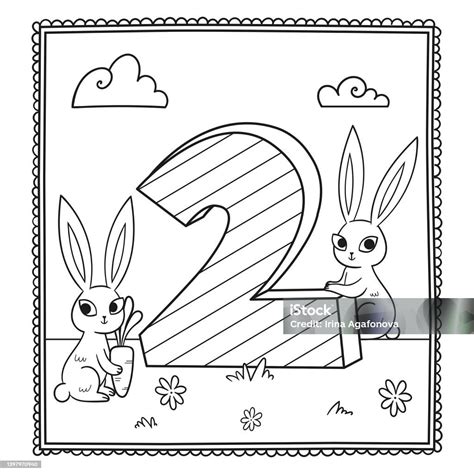 재미있는 토끼를 가진 아이들을위한 만화 교육 색칠 공부 책 벡터 귀여운 흑백 일러스트 레이 션과 넘버 투 2에 대한 스톡 벡터 아트 및 기타 이미지 Istock