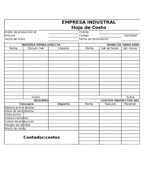 Hoja De Costos Pdf Finanzas Y Dinero Informática