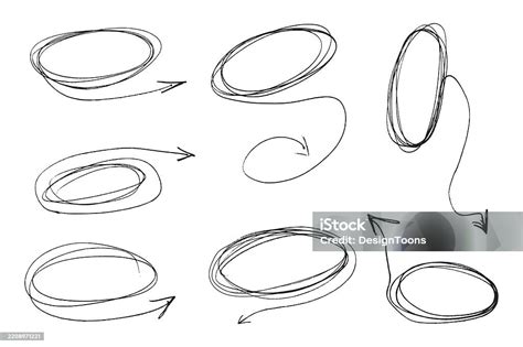 손으로 그린 낙서 고드름은 화살표로 강조 표시됩니다 지저분하게 얽힌 타원형과 뾰족한 화살표가 있는 거품 프레임 스크리블 크레용 타원형 윤곽선 개념에 대한 스톡 벡터 아트 및