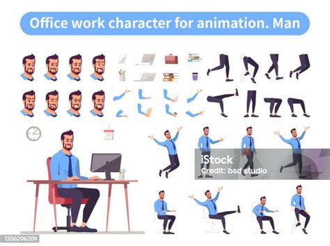 실업가 정면보기 애니메이션 평면 벡터 캐릭터 디자인 사무실 노동자 캐릭터 애니메이션 생성 만화 세트입니다 다양한 얼굴 감정 몸포즈 손짓 레그 키트를 장착한 매니저 컨스트럭터