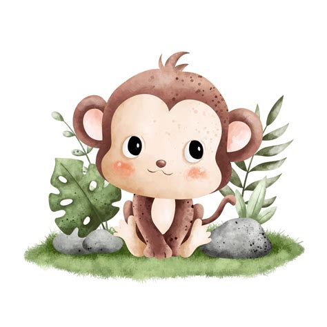 Ilustração Em Aquarela De Um Macaco Bebê Fofo Sentado Na Grama Vetor