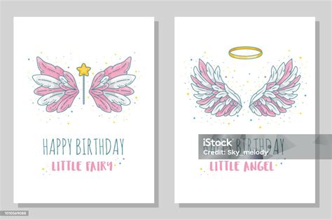 행복 한 생일 작은 요정과 천사 카드 템플릿 넓은 날개 황금 헤일로와 마법의 지팡이 확산 현대 선 스타일 볼륨에서 컨투어 벡터