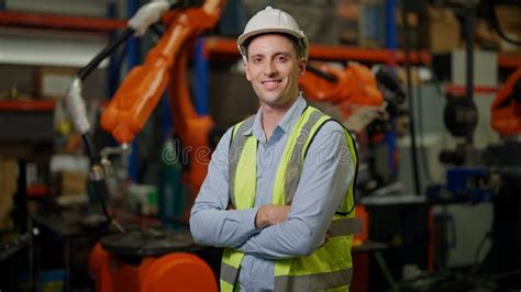 Portrait Of Male Engineer Working With Robotic Arms In Factory Stock