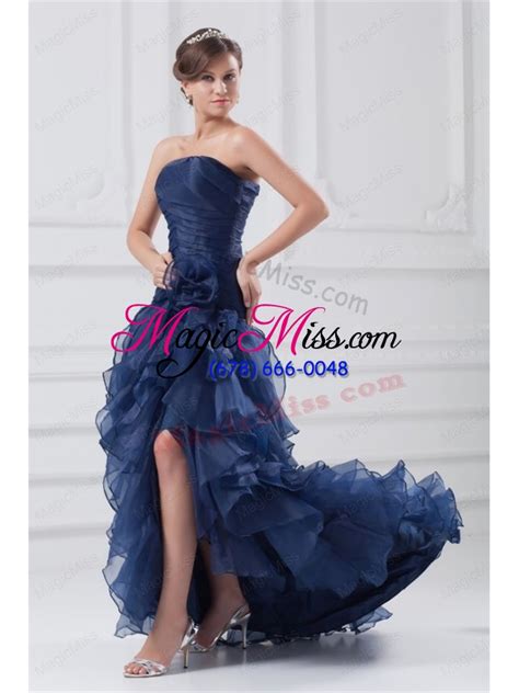 Navy Blue Strapless A Line Ruffles High Low Organza Prom Dress Us13863