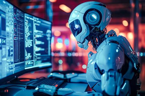 robot with head that resembles white man wearing mask sits in front of