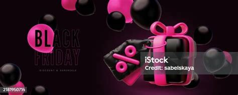 풍선 선물 상자 및 퍼센트 기호가 있는 검은색과 빨간색 톤의 배너의 3d 그림입니다 3차원 형태에 대한 스톡 벡터 아트 및 기타