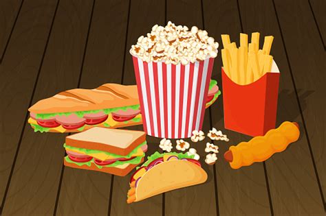 패스트 푸드 세트 패스트 푸드 나무 테이블에 누워 있습니다 Shawarma 핫도그 피자 샌드위치 팝콘 아이스크림 날개 허벅지 및 크로와상 길거리 음식 벡터 그림 0명에 대한