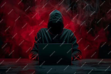 Front View Of Anonymous Hacker Typing Computer Laptop Cybercrime Cyberattack Dark Web Concept