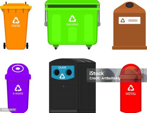 Recycling Garbage Elements Bag Or Containers Or Cans For Different Trashes Sorting And Utilize