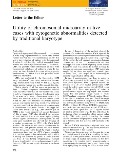 Pdf Utility Of Chromosomal Microarray In Five Cases With Cytogenetic Abnormalities Detected By