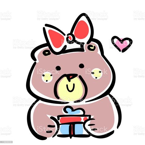 벡터 일러스트 선 손으로 그린 소녀 곰 선물 생일 축하 개념 무료 선물 프로모션 디자인 인사말 카드 배너 전단지 등에 적용 할 수 있습니다 곰에 대한 스톡 벡터 아트 및