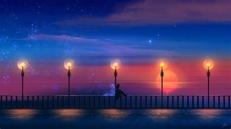 배경 화면 분위기 가로등 빛 푸른 구름 잔광 물줄기 황혼 일몰 해돋이 깃발 수평선 나무 Natural Landscape 경치 동결 천체