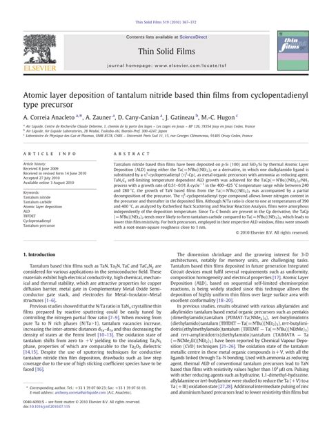 Pdf Atomic Layer Deposition Of Tantalum Nitride Based Thin Films From
