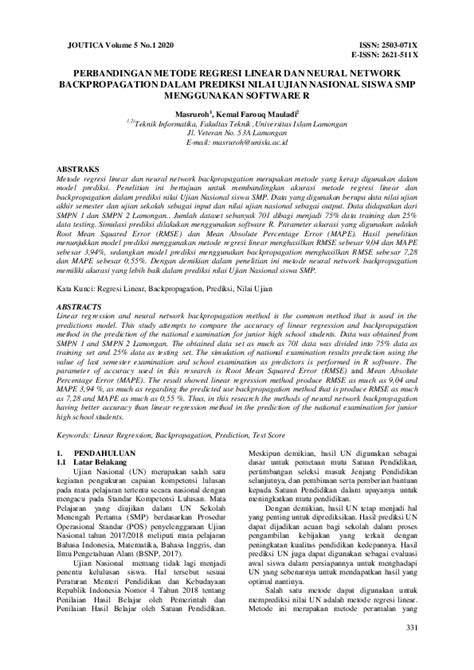Pdf Perbandingan Metode Regresi Linear Dan Neural Network