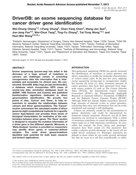 Pdf Driverdb An Exome Sequencing Database For Cancer Driver Gene
