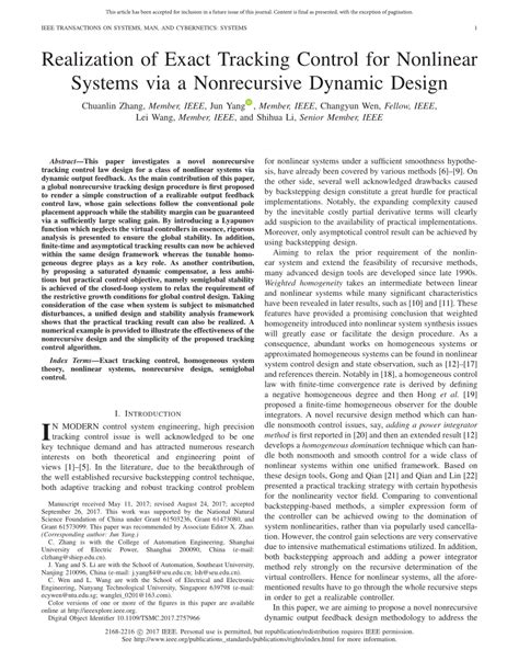Pdf Realization Of Exact Tracking Control For Nonlinear Systems Via A
