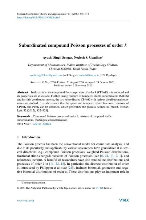 Pdf Subordinated Compound Poisson Processes Of Order K