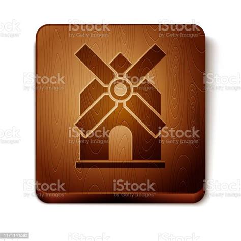 흰색 배경에 격리 된 갈색 풍차 아이콘입니다 나무 사각형 버튼입니다 벡터 일러스트레이션 기계 부분에 대한 스톡 벡터 아트 및